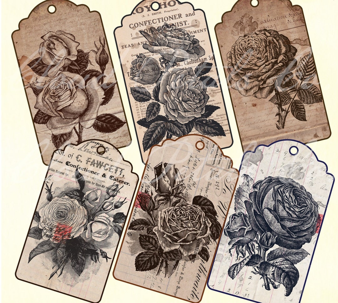 Vintage Rose Tags, Floral Labels, Rose Bookmark, Rose Download, Rose ...