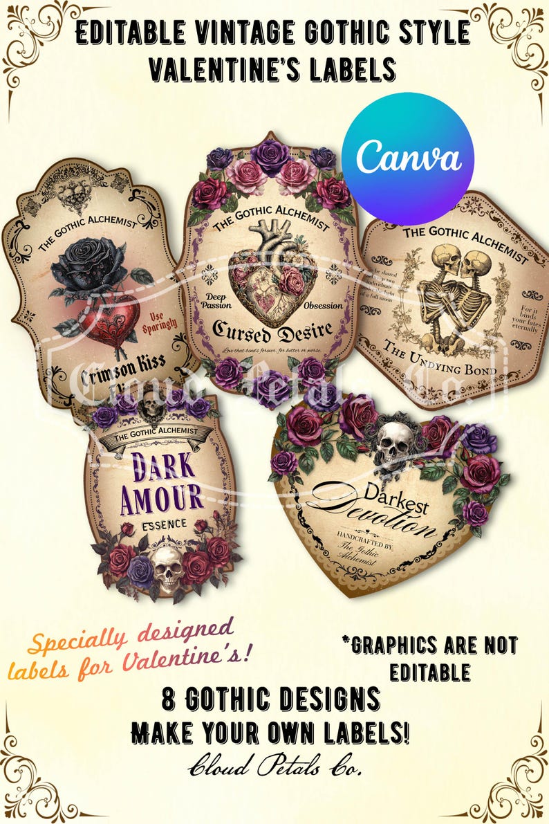 Editable Gothic Valentine's Labels, Apothecary Potion, Canva Template ...
