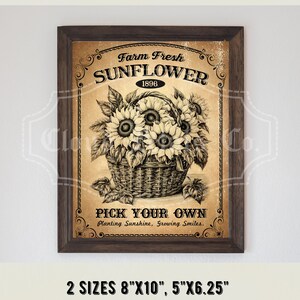 Vintage Sunflower Sign, Printable Sunflower Print, Sunflower Wall Art ...