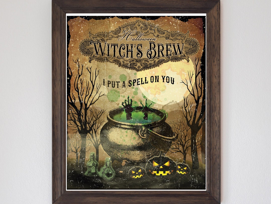 Vintage Halloween Witch's Brew Sign, Witch Cauldron Printable Wall Art ...