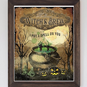 Vintage Halloween Witch's Brew Sign, Witch Cauldron Printable Wall Art ...