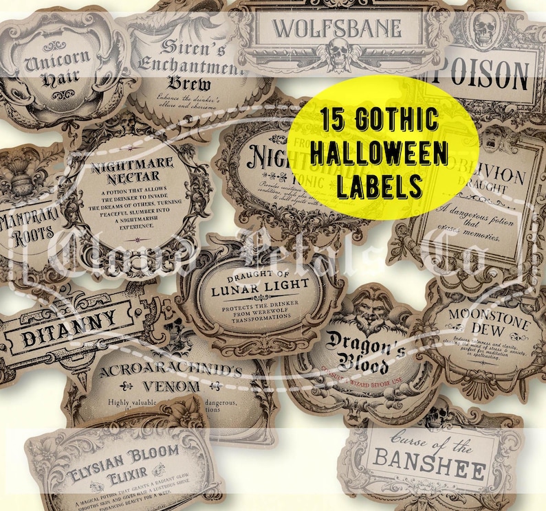 Gothic Halloween Potion Labels, Printable Vintage Halloween Labels ...