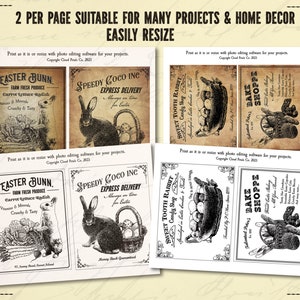 Primitive Easter Label, Printable Rabbit Tags, Vintage Bunny Print ...