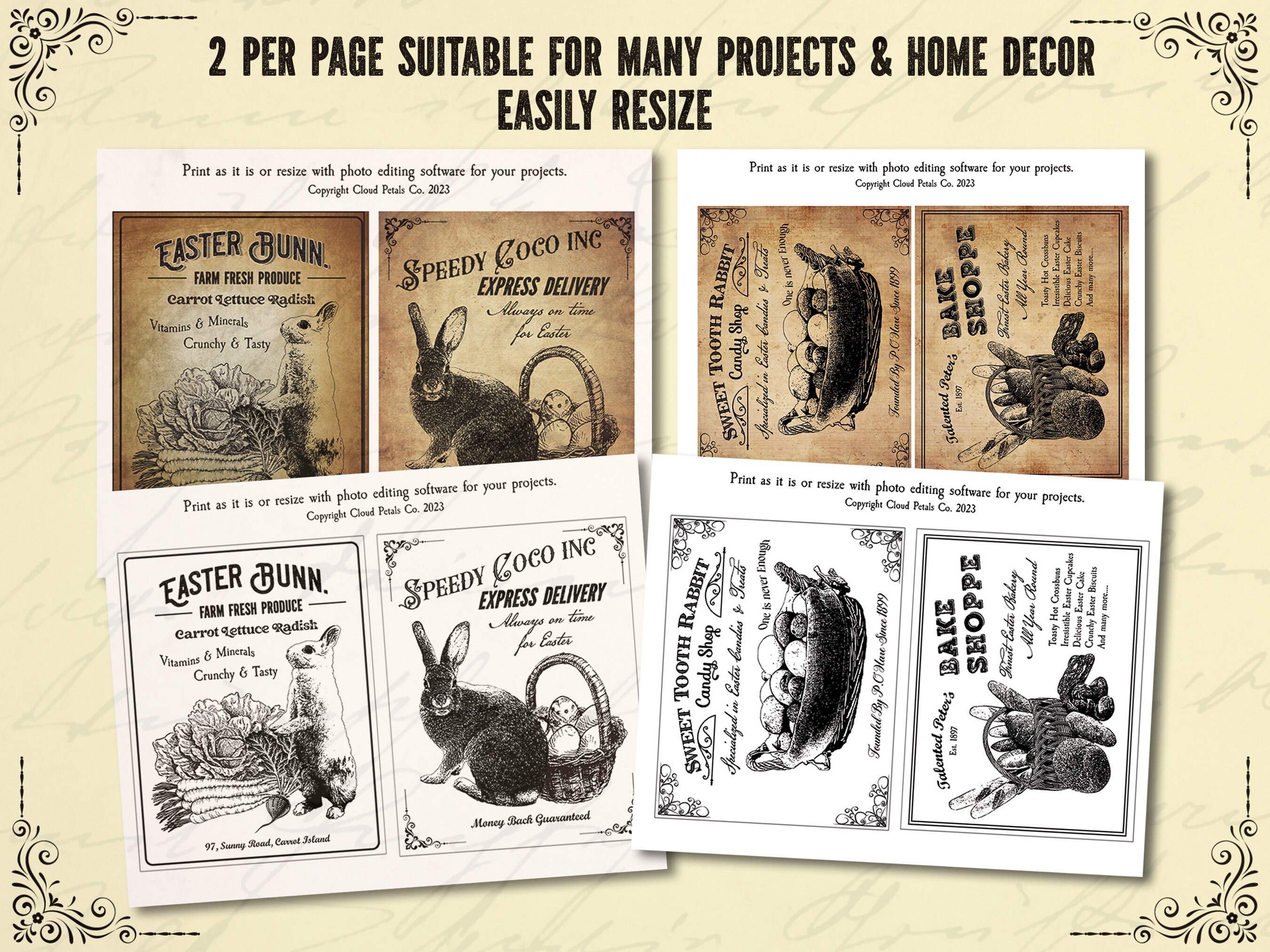 Primitive Easter Label, Printable Rabbit Tags, Vintage Bunny Print ...