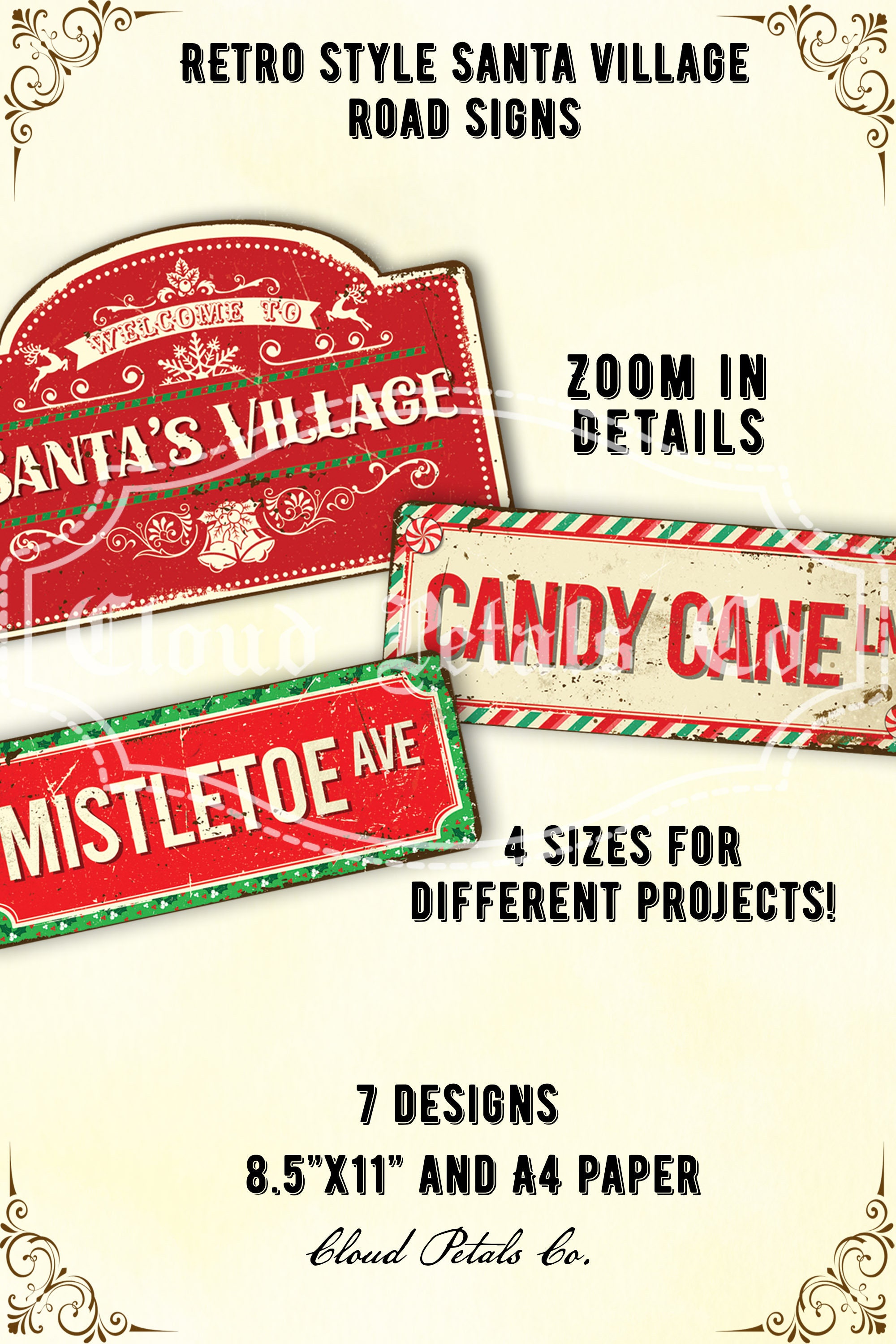 Vintage Christmas Signs, Printable Santa Village Road Signs, Retro ...
