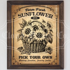 Vintage Sunflower Sign, Printable Sunflower Print, Sunflower Wall Art ...