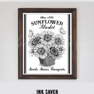 Vintage Sunflower Market Sign, Printable Sunflower Wall Decor, Rustic ...