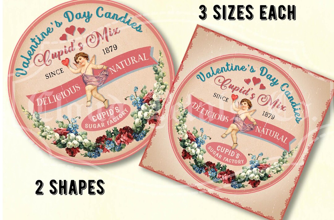 Vintage Valentines Labels, Printable Valentines Tags, Round, Square ...