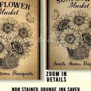 Vintage Sunflower Market Sign, Printable Sunflower Wall Decor, Rustic ...