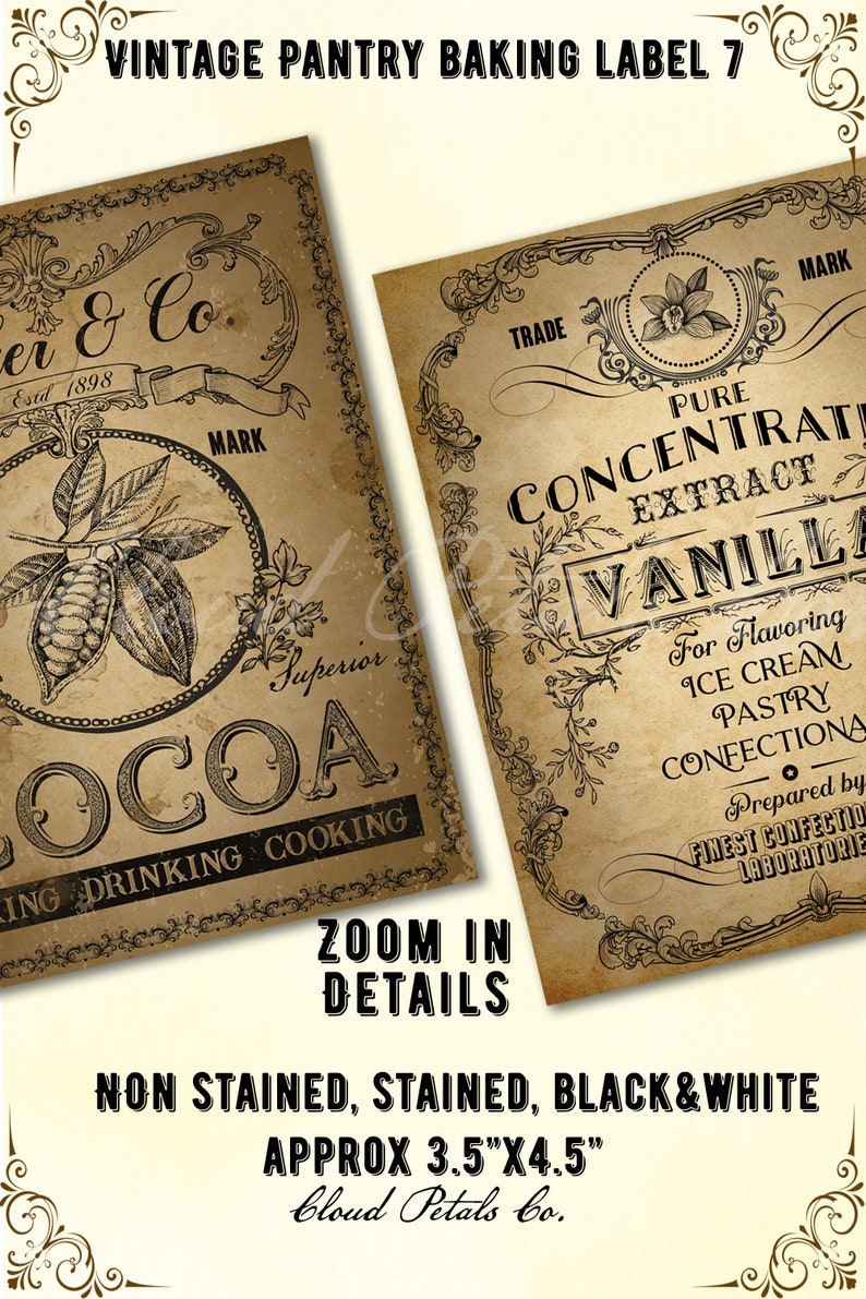 Vintage Baking Labels, Pantry Clipart, Cocoa, Pasta, Vanilla (digital ...