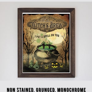 Vintage Halloween Witch's Brew Sign, Witch Cauldron Printable Wall Art ...