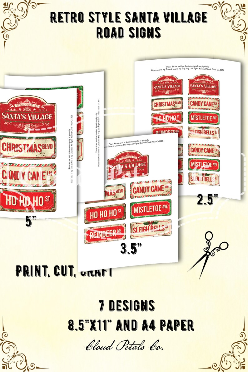 Vintage Christmas Signs, Printable Santa Village Road Signs, Retro ...