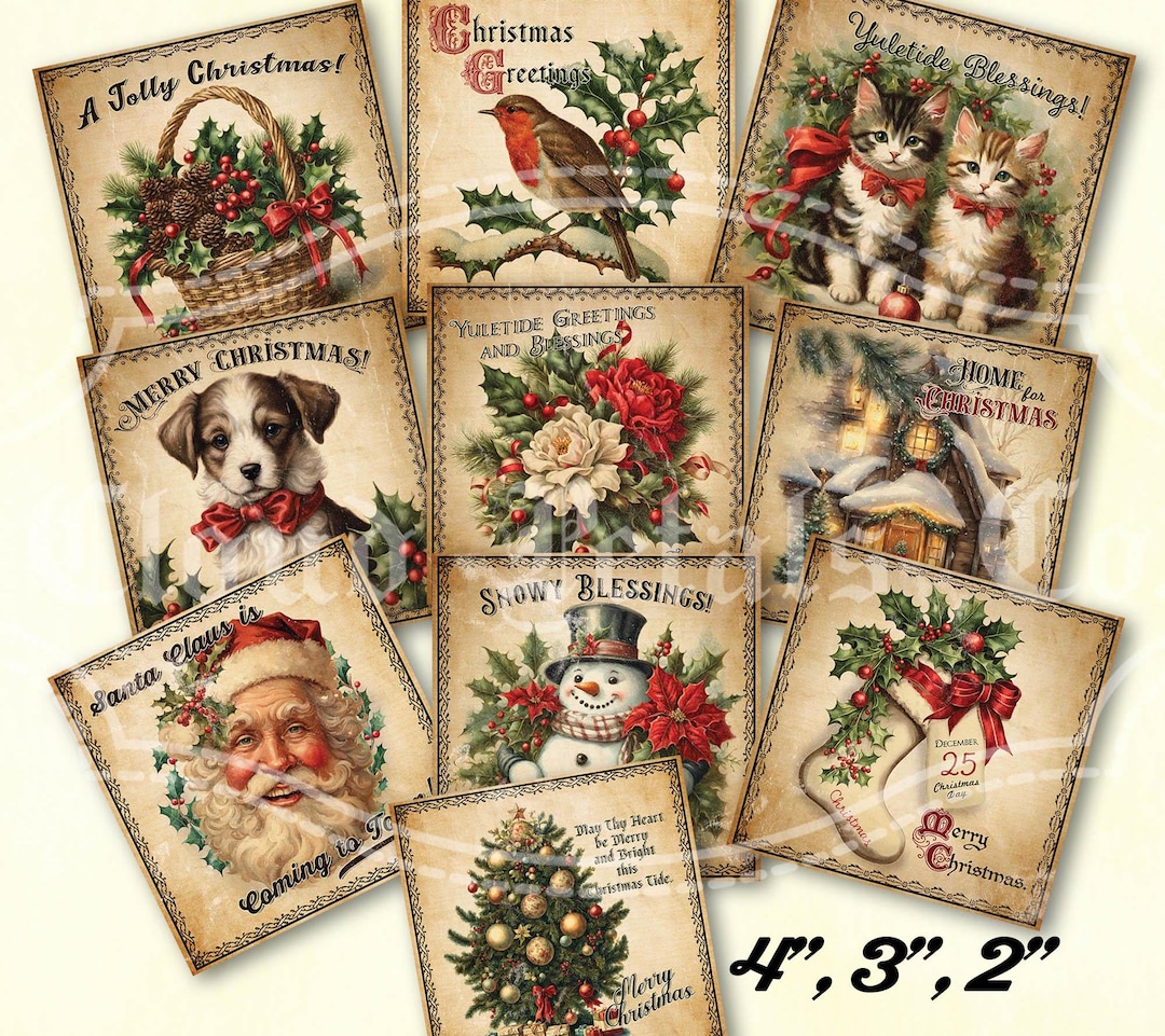 Vintage Christmas Square Tags, Printable Xmas Decor (digital Download ...