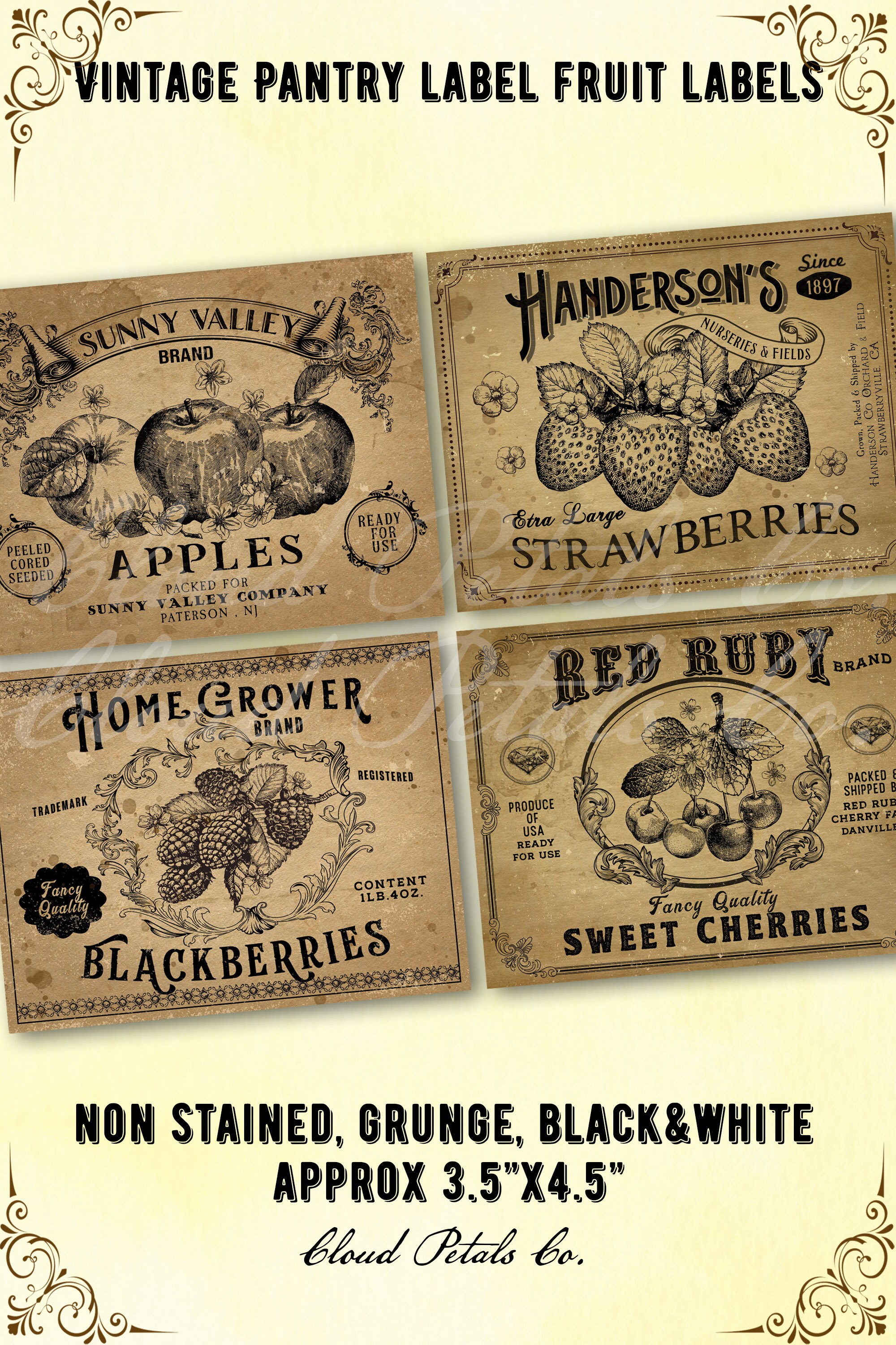 Vintage Fruit Labels: Apple, Cherry, Strawberry, Blackberry (digital ...