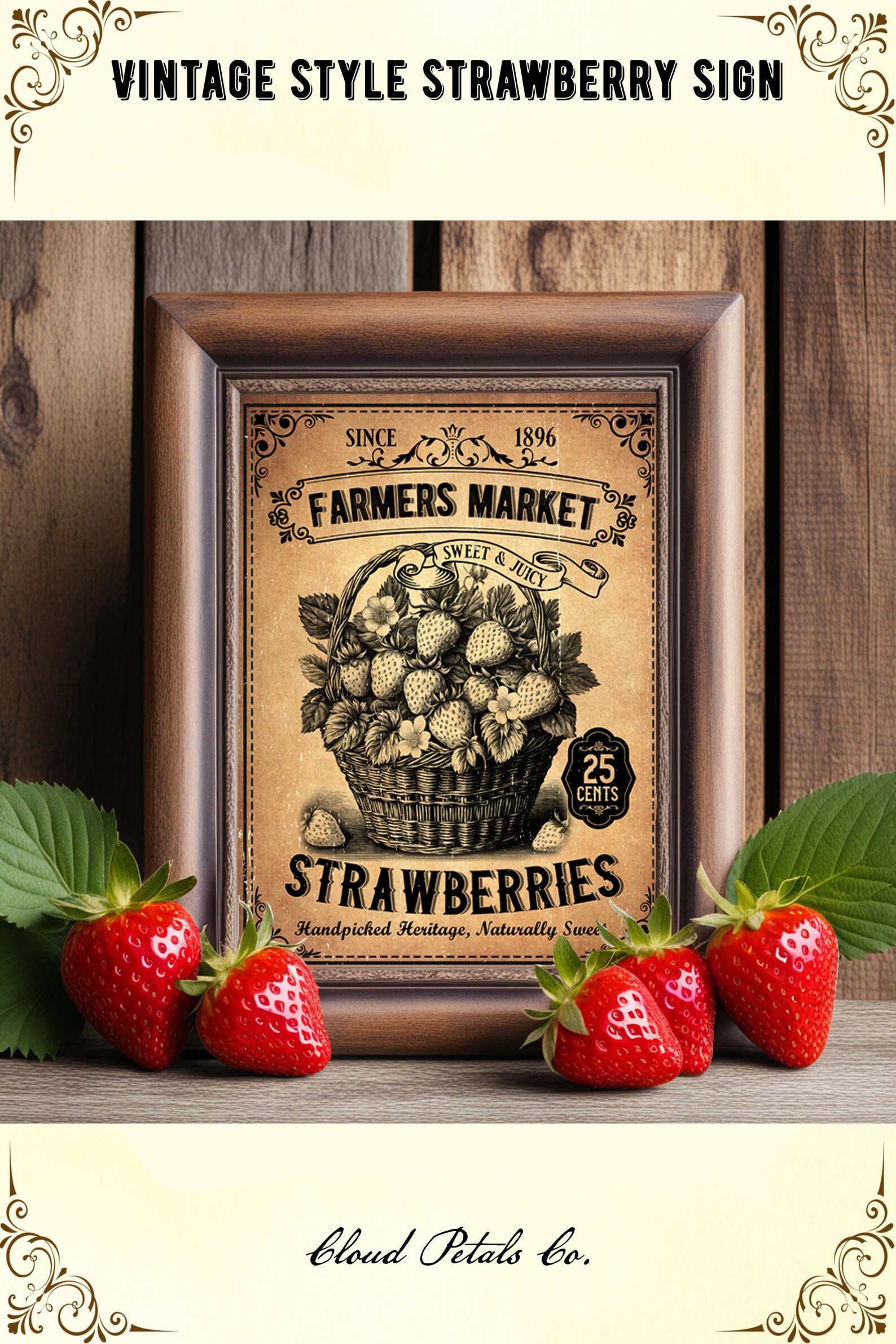 Vintage Farmers Market Strawberry Sign, Printable Strawberry Wall Art ...