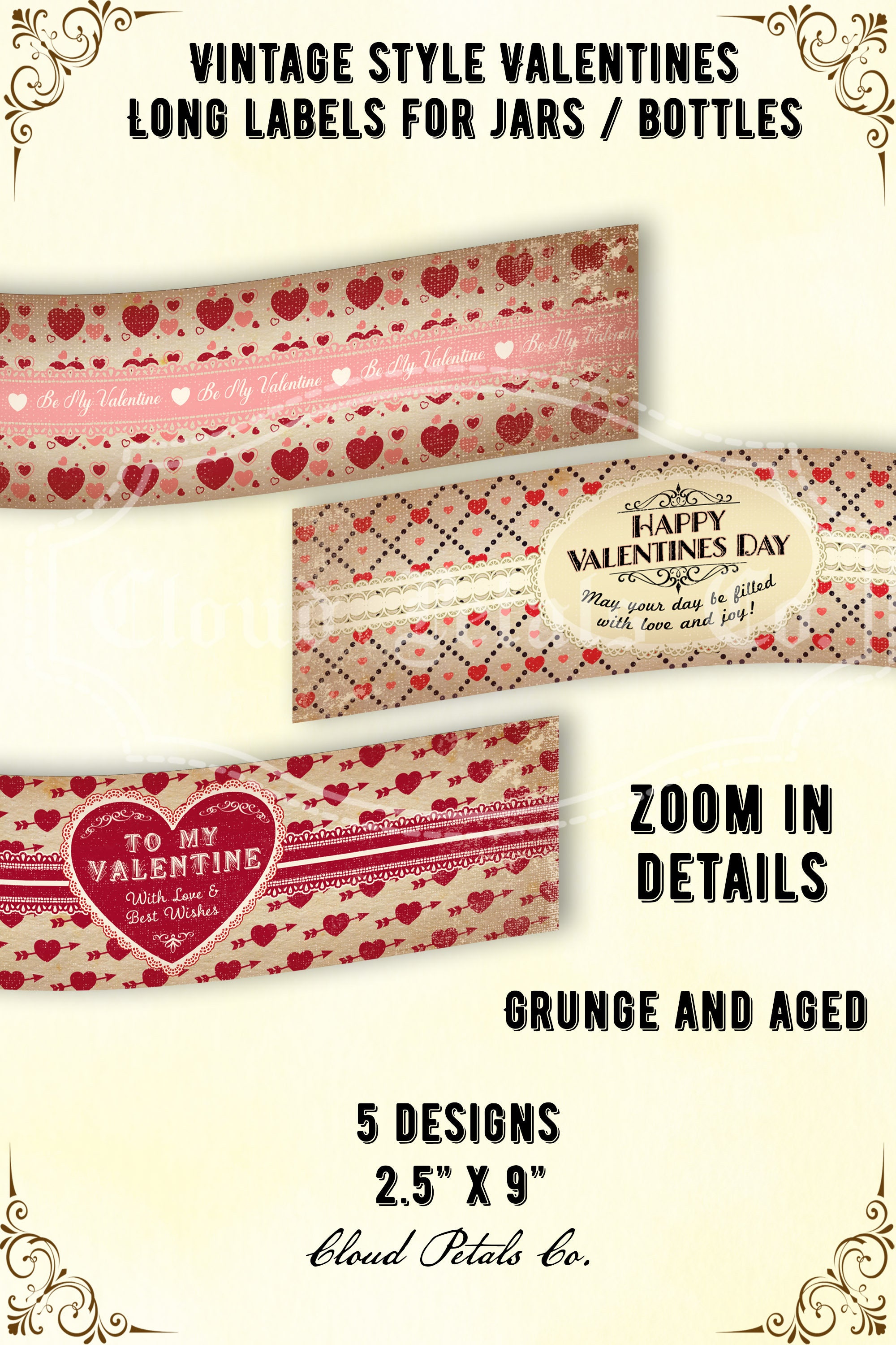 Vintage Valentines Day Long Labels, Printable Wraparound Labels for ...
