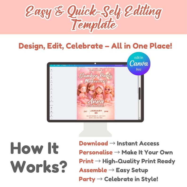 Editable Slumber Party Makeover Invitation for Girls | Editable Canva ...