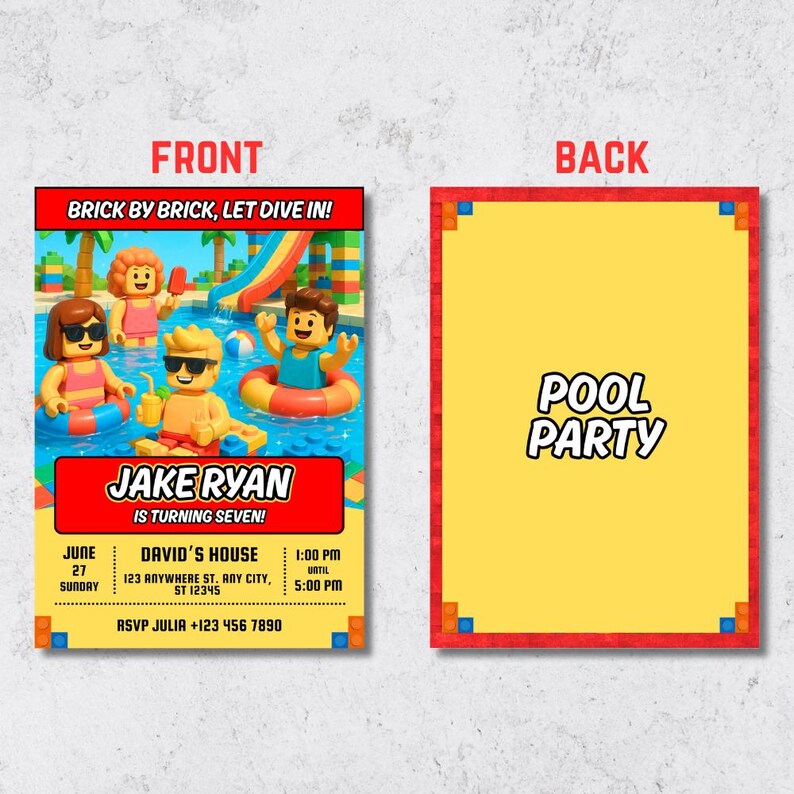 Editable Building Blocks Pool Party: Editable Invitations | Bricks ...