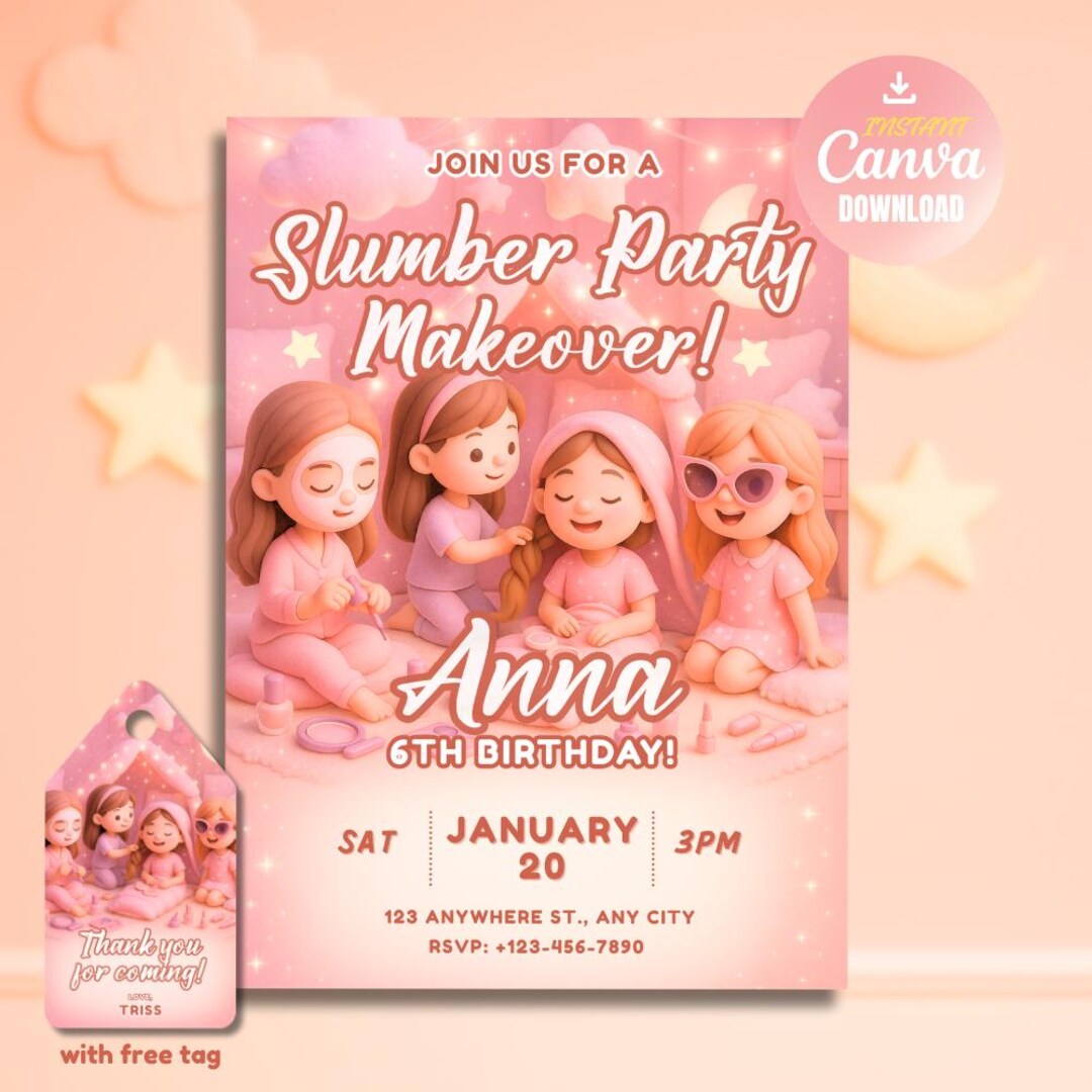 Editable Slumber Party Makeover Invitation for Girls | Editable Canva ...