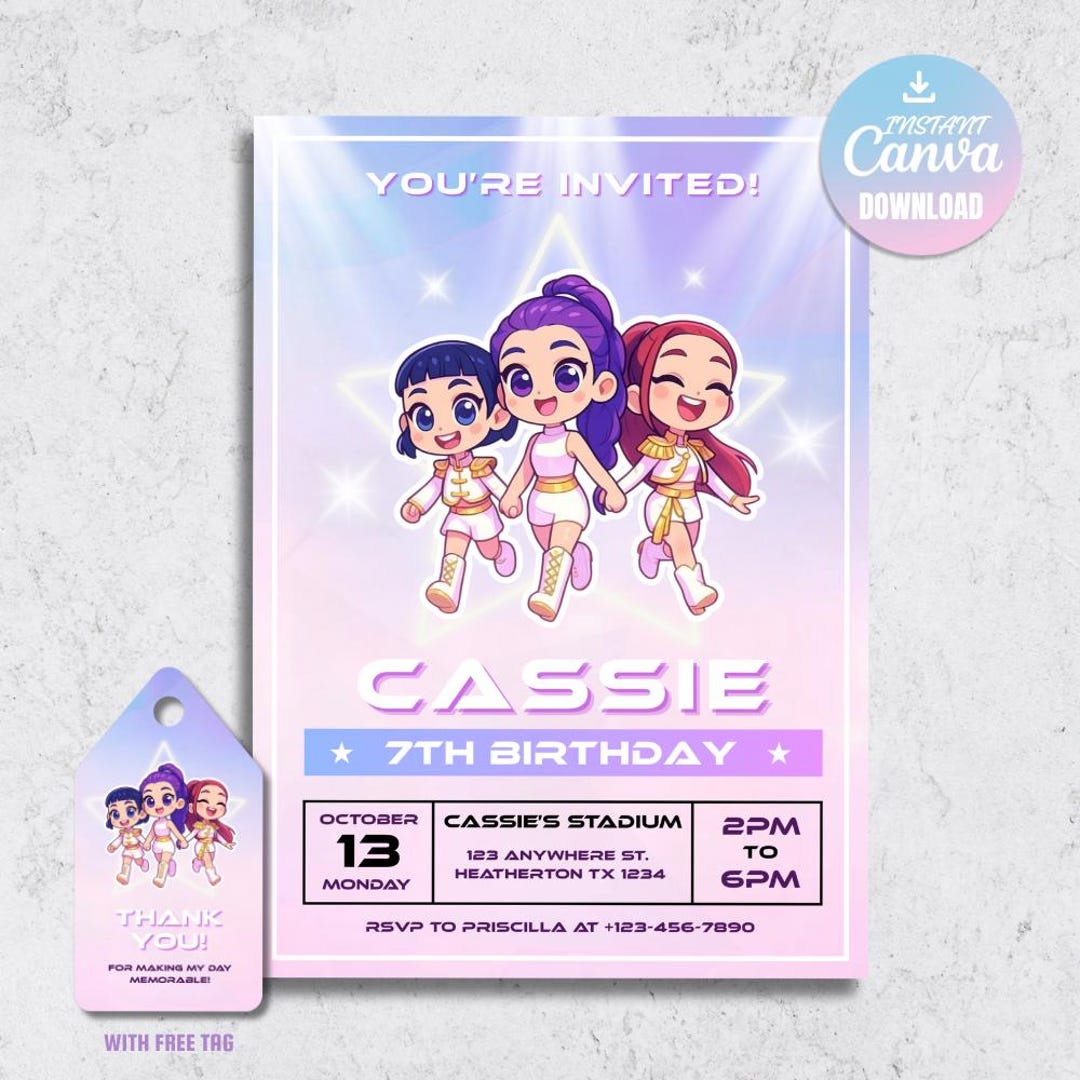 Kpop Chibi Idol Birthday Invitation, 5x7 Editable Canva Template ...
