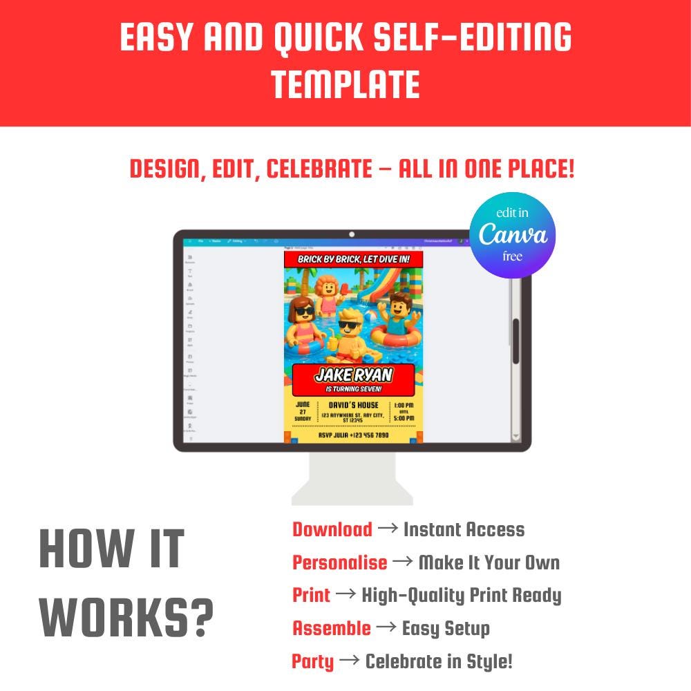 Building Blocks Pool Party Invitation, Editable Canva Template (digital ...