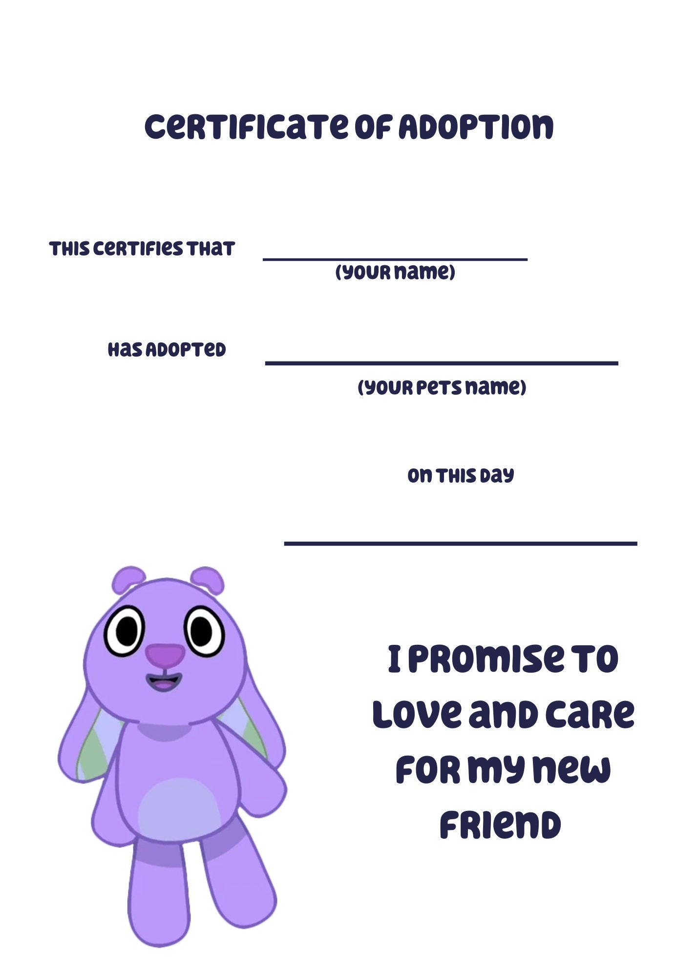 Adopt a Flopp Y, Certificate of Adoption, Blue Y and Bingo Party, Blue ...