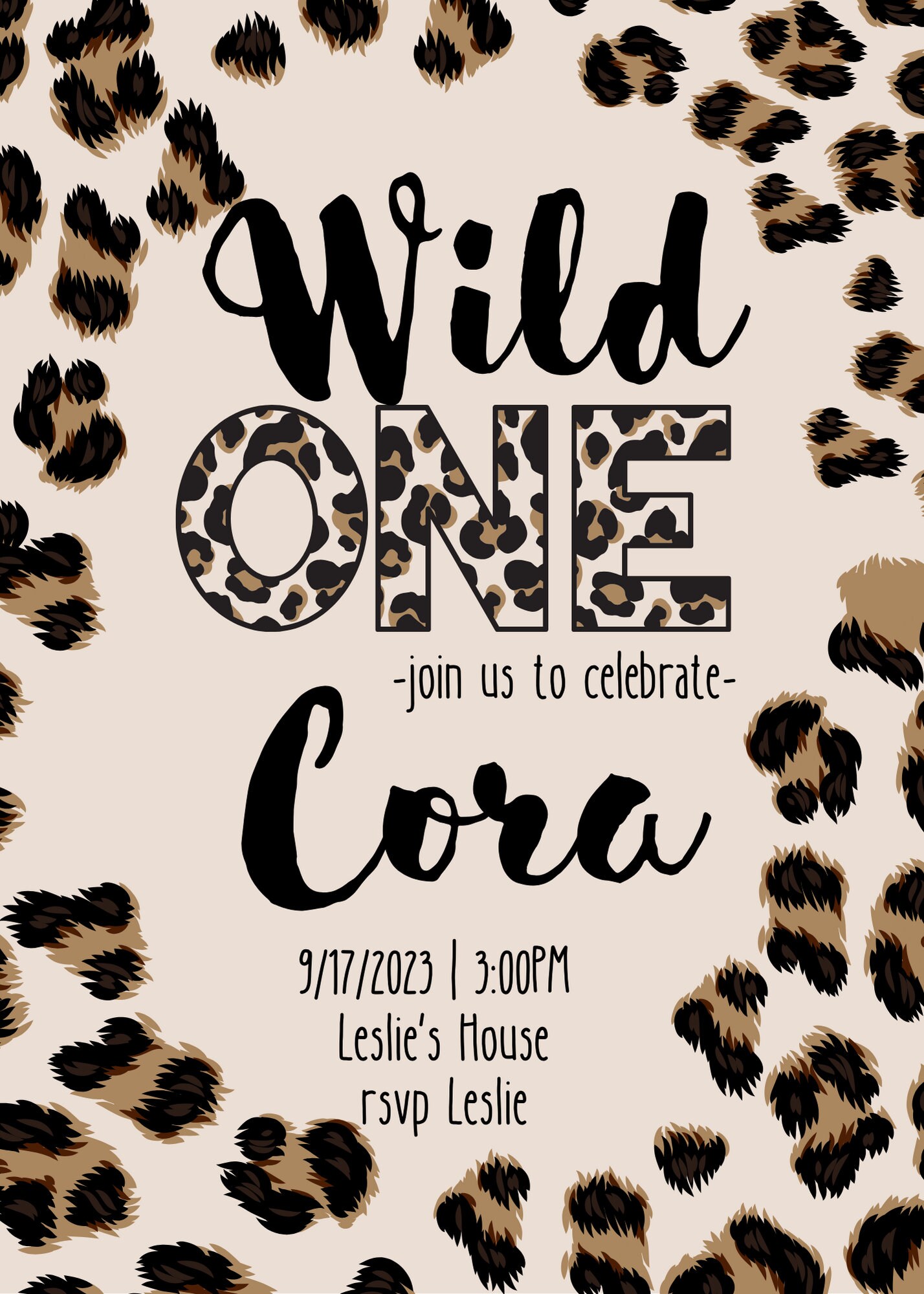 Editable Wild One Leopard Print Jungle Birthday Party Invitation ...