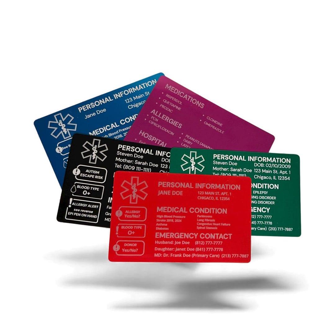 Medical ID Card for Wallet, Pack of 6 Custom Engraved Emergency Contact ...