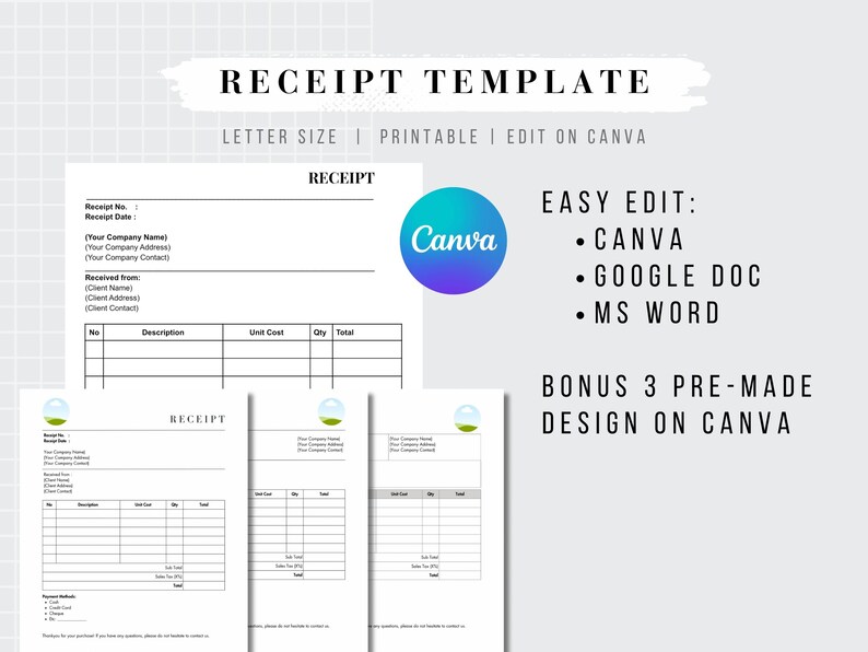 Receipt Template for Business Easy Printable Instant Download - Etsy