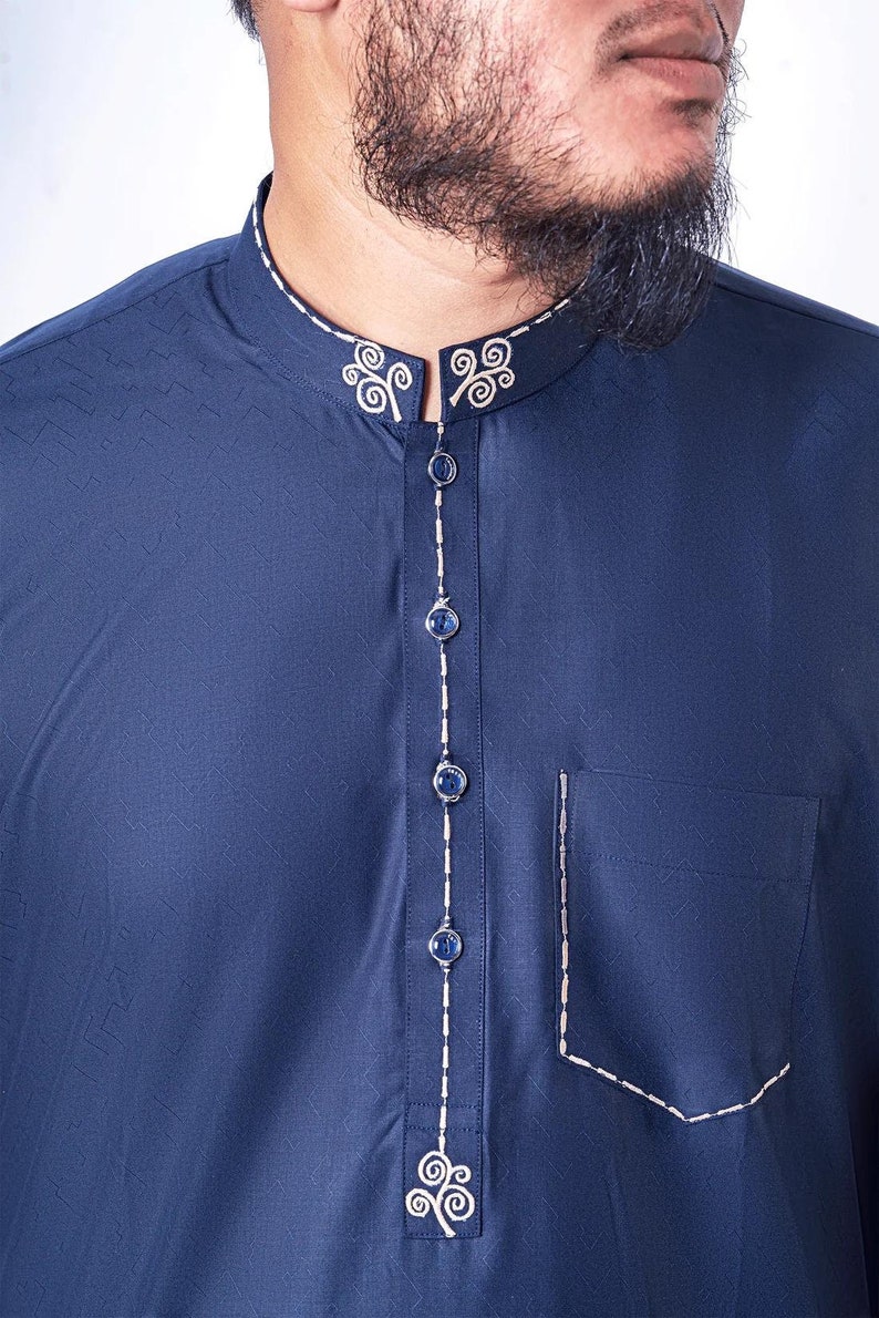 Navy Blue Embroidered Thobe for Men: Islamic Dress - Etsy