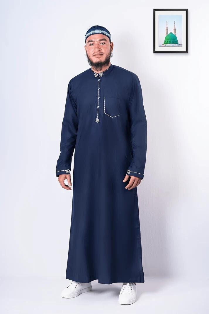 Navy Blue Embroidered Thobe for Men: Islamic Dress - Etsy