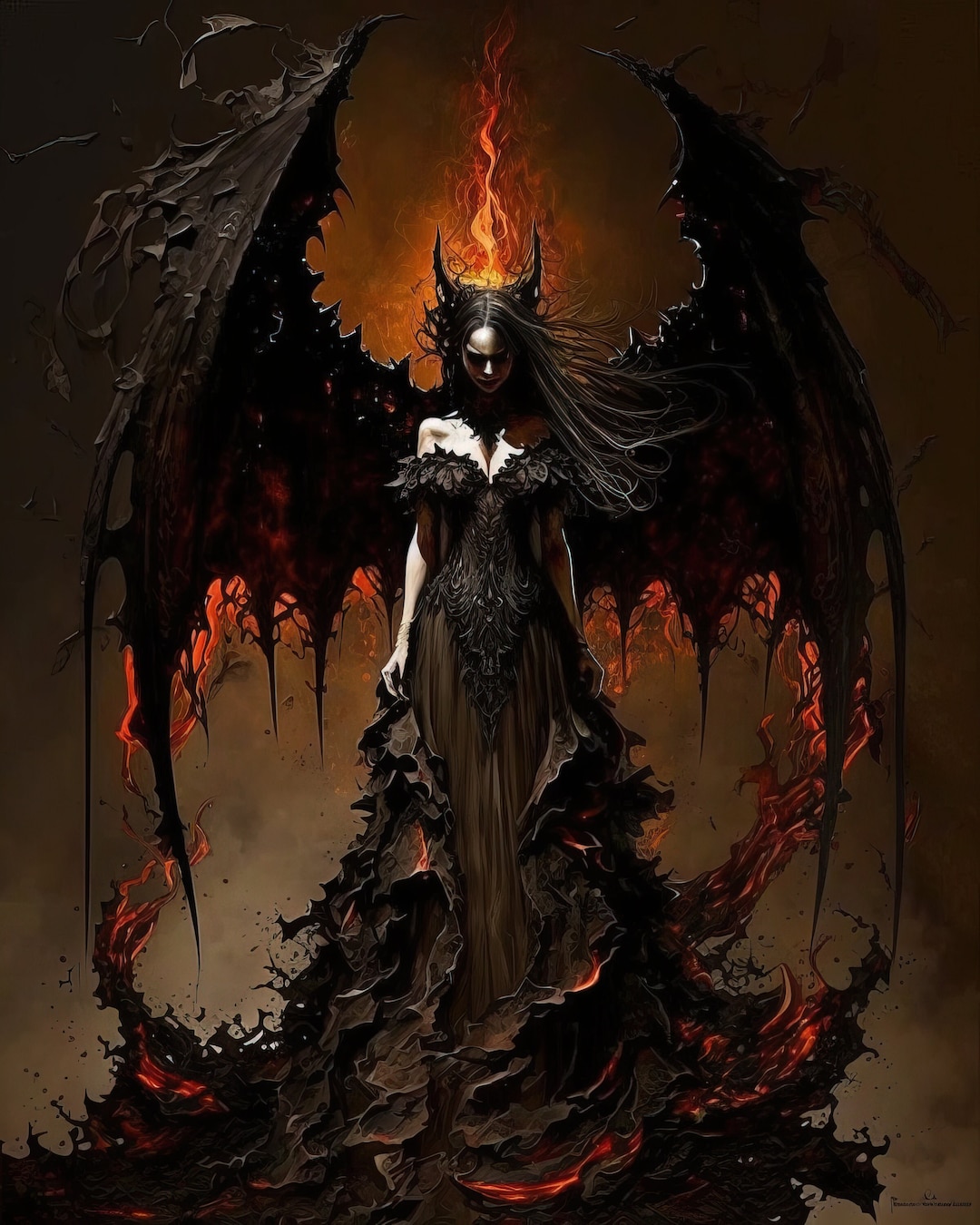 Dark Angel's Lament: Haunting Art Print of a Fallen Angel in a Hellish ...
