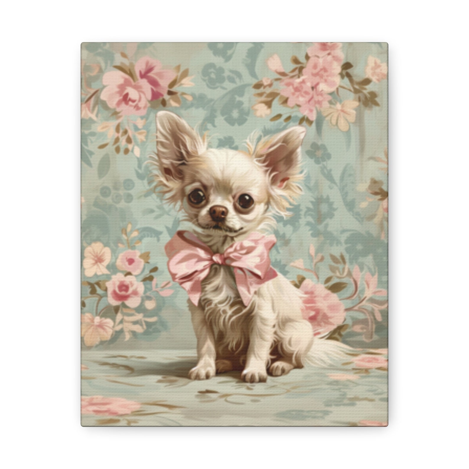 White Chihuahua Art Print Canvas Blue and Pink Floral Dog Wall Art ...