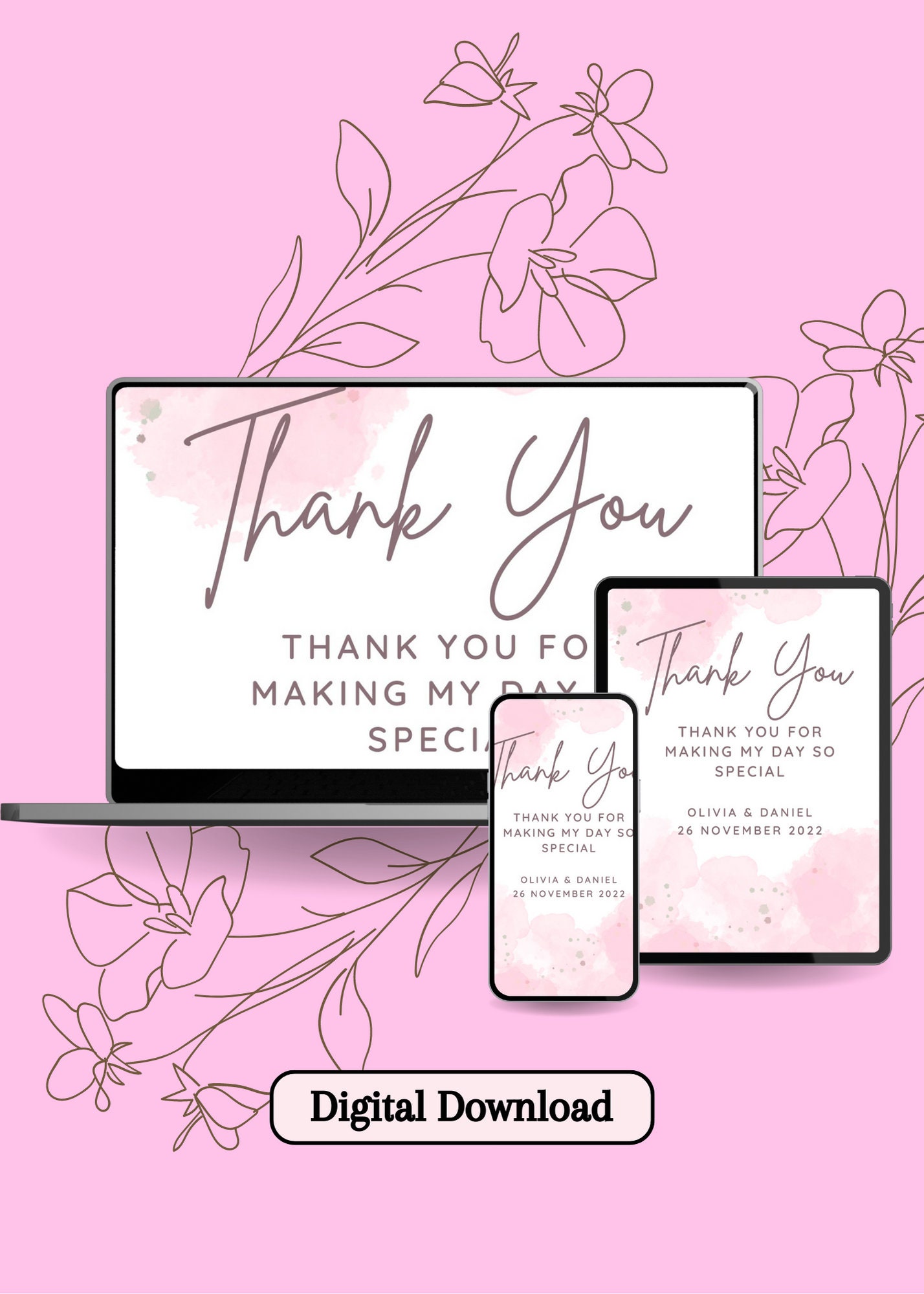 Digital Thank You Card, Template Birthday Thank You, Electronic Thank ...