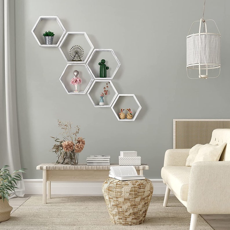 Hexagonal Floating Shelves Wall Mounted Set of 3 Wood Farmhouse Storage ...