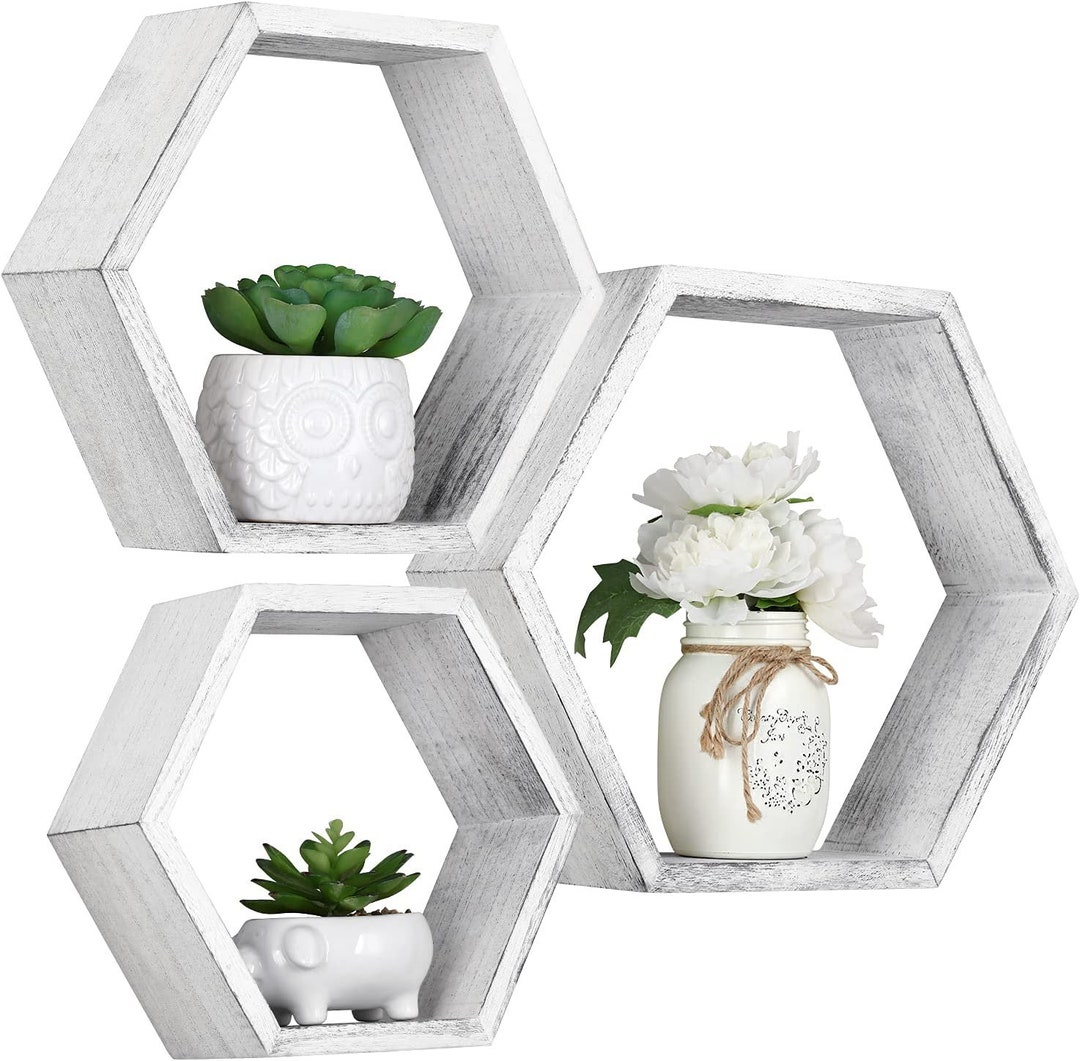 Hexagonal Floating Shelves Wall Mounted Set of 3 Wood Farmhouse Storage ...