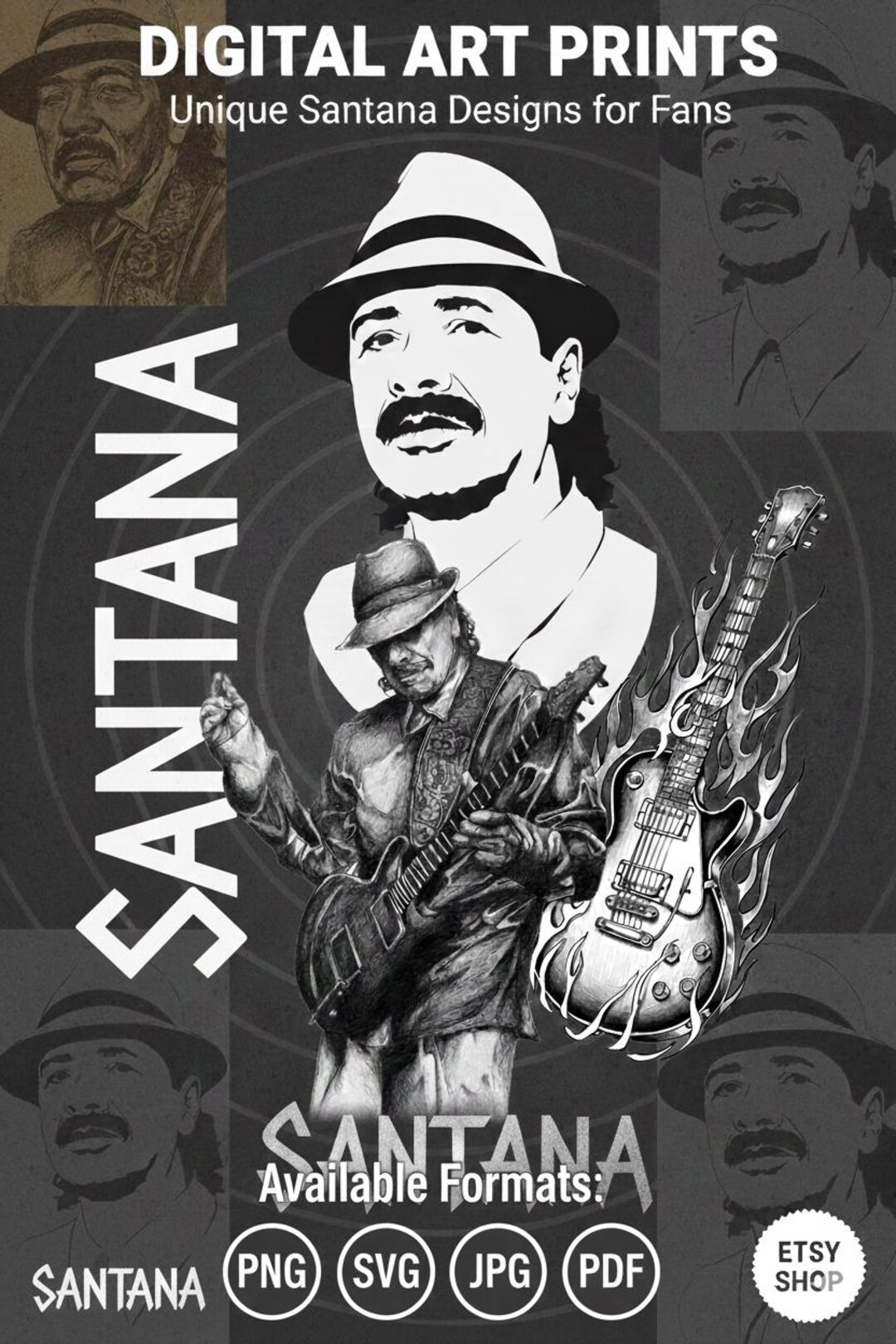 Carlos Santana Art SVG, Guitar Legend Wall Art, Rock Music Icon Vector ...