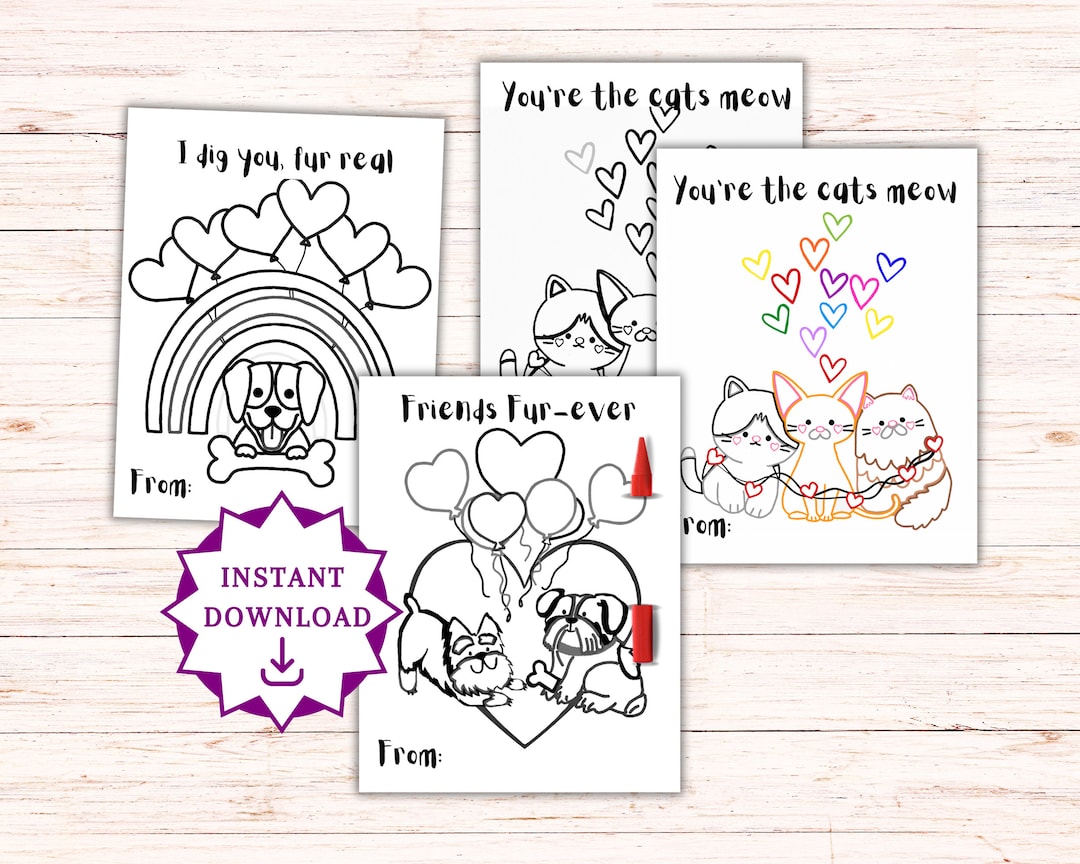 Cat and Dog Valentine Cards for Coloring, Valentine's Crayons, Non ...