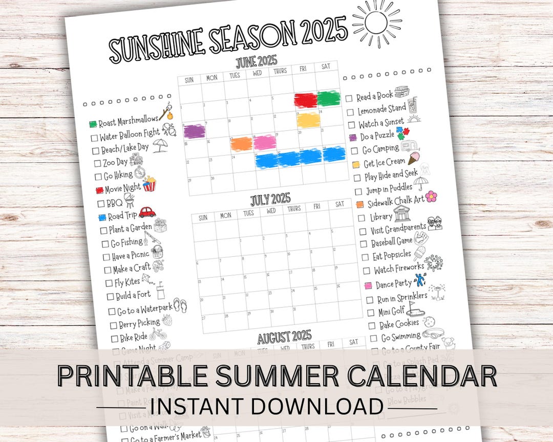 Summer Bucket List Calendar, Kids Summer Calendar, 2025 Bucket List ...