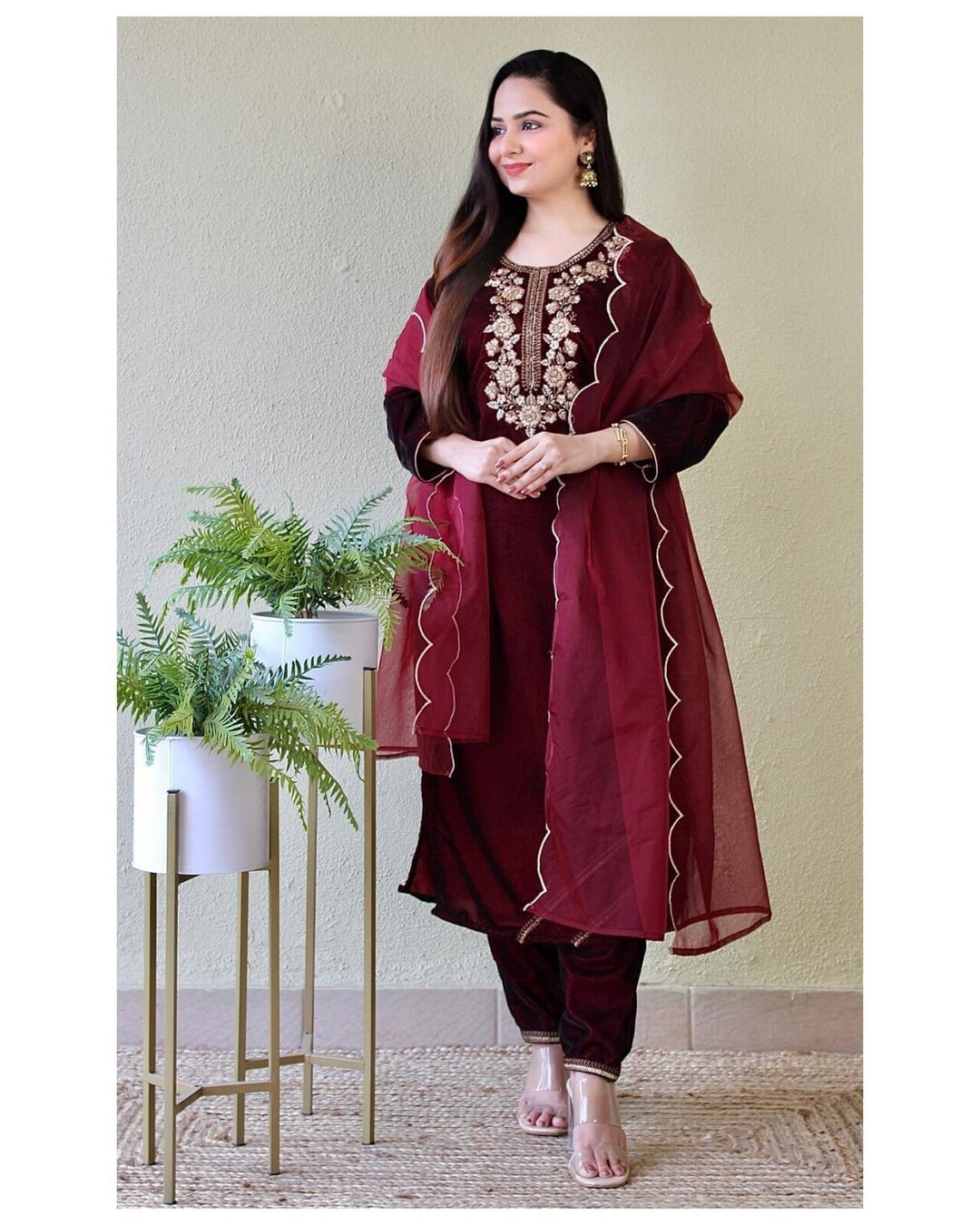 Women Wine Red Velvet Kurta Pant and Dupatta Set Kurta and - Etsy