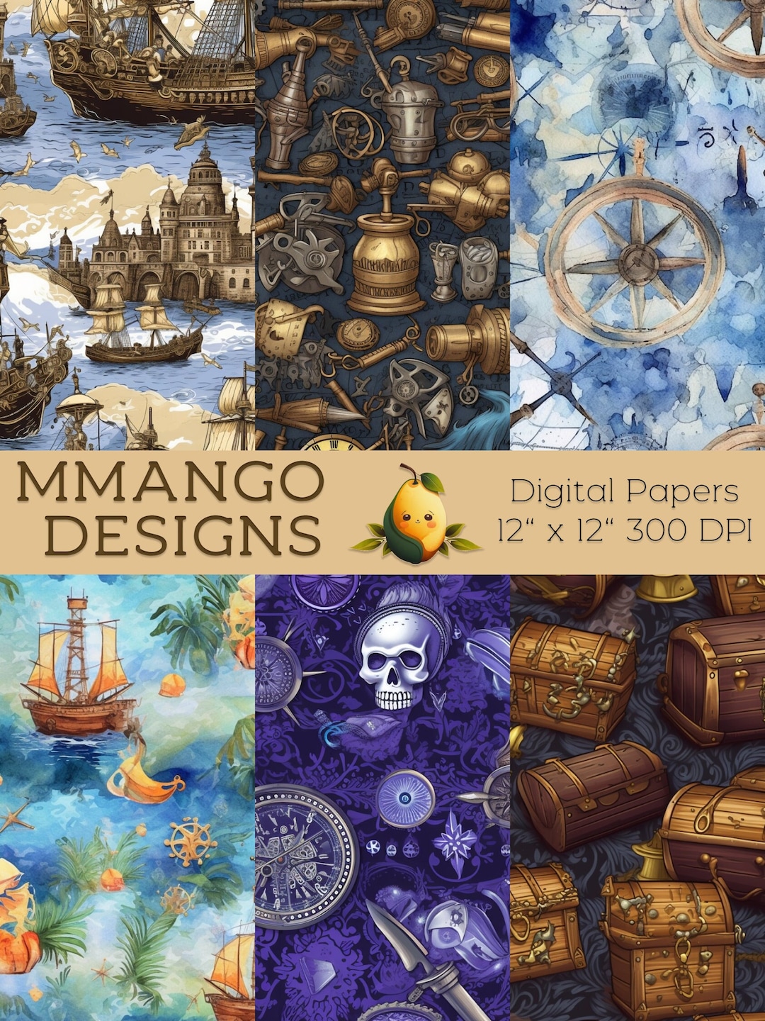 Pirate Caribbean Digital Paper | Set of 6 | Ship, Navigation, Skull ...