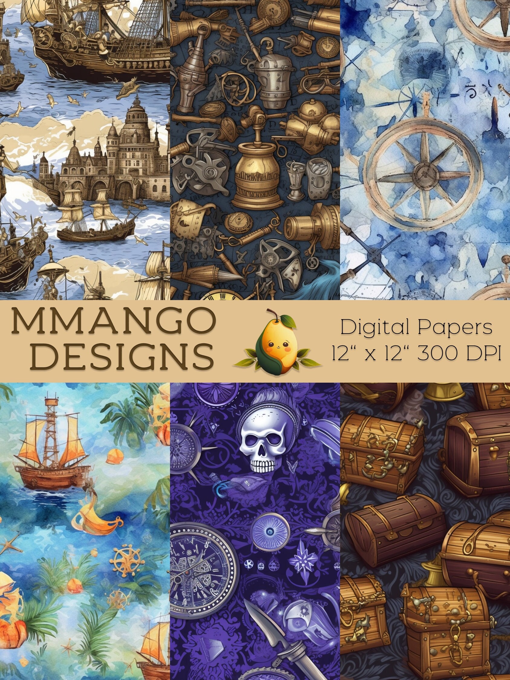 Pirate Caribbean Digital Paper | Set of 6 | Ship, Navigation, Skull ...