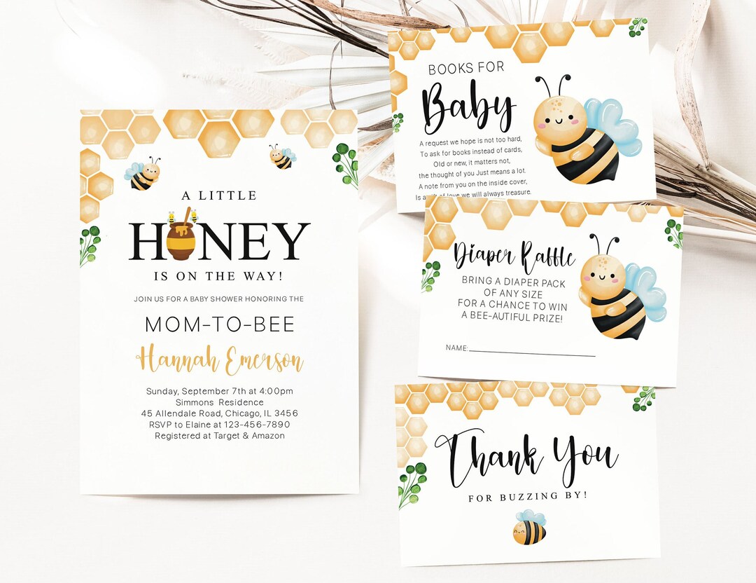 Editable Bees Themed Invitation Bundle, Baby Shower, Birthday, Gender ...