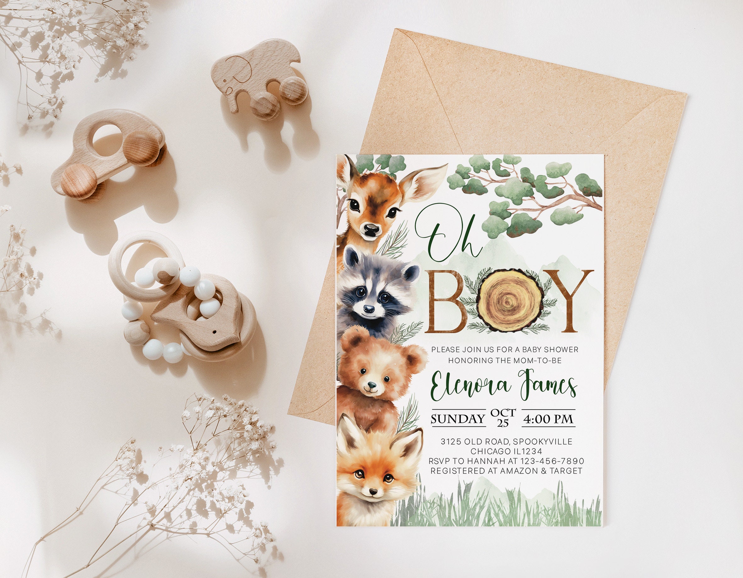 Editable Its A Boy Baby Shower Invitation, Woodland Animals Theme, It's ...