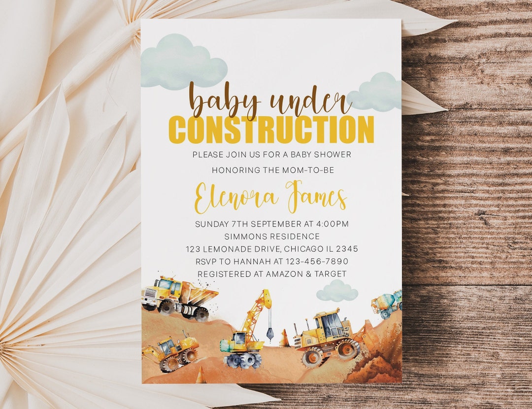 Editable Baby Under Construction Baby Shower Invitation, Yellow Trucks ...