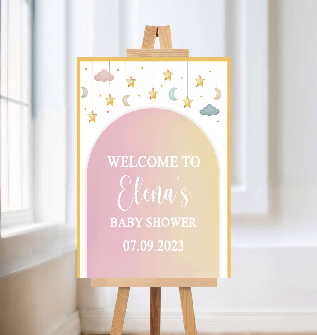 Editable Pink Twinkle Twinkle Little Star Baby Shower Welcome Sign ...