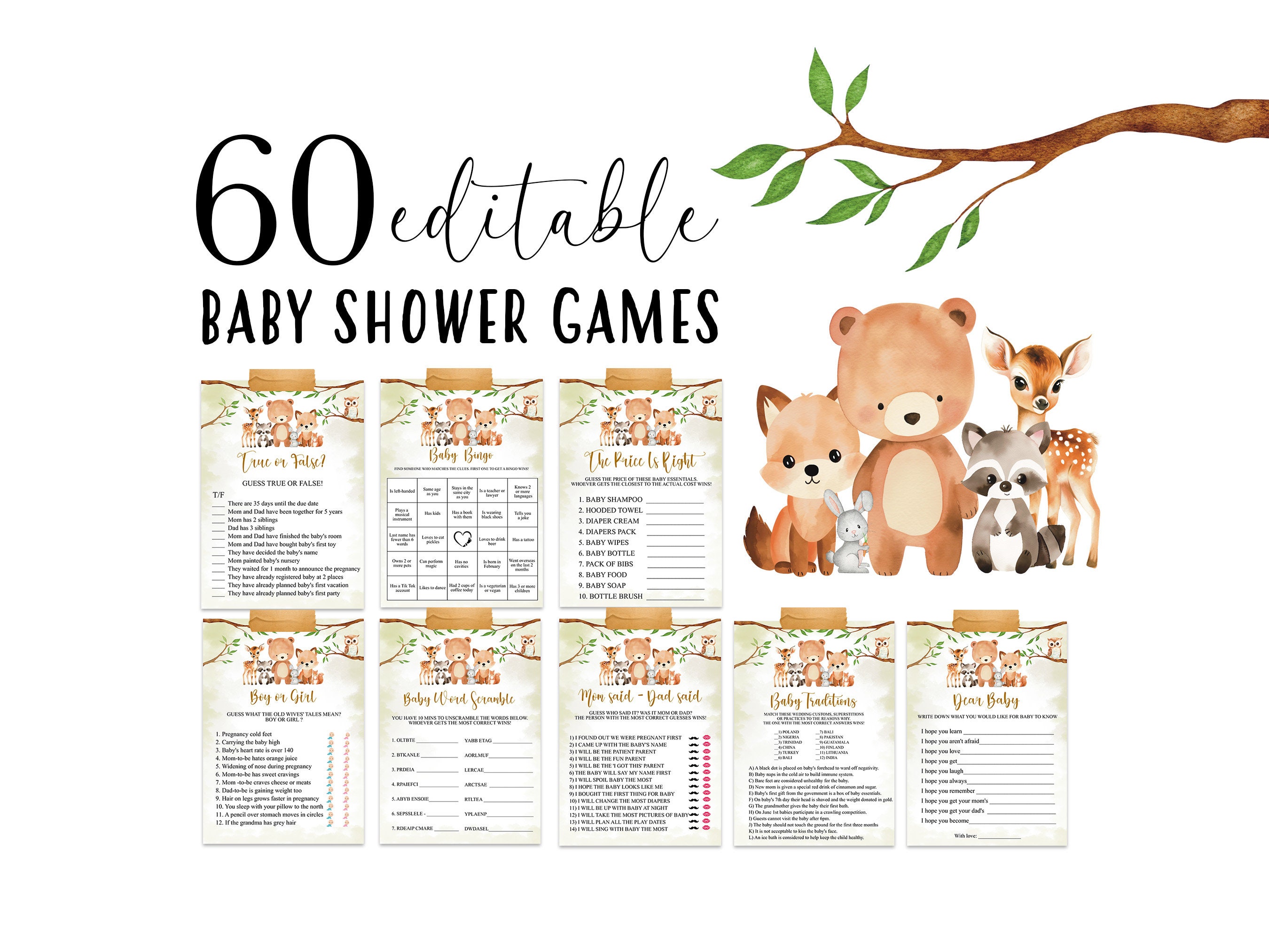 Editable Woodland Baby Shower Game Bundle, Forest Animals Baby Shower ...