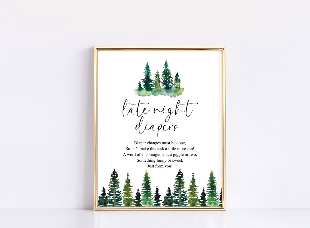 Late Night Diapers Sign, Baby Shower Letter Game Table Sign, Forest Fir ...