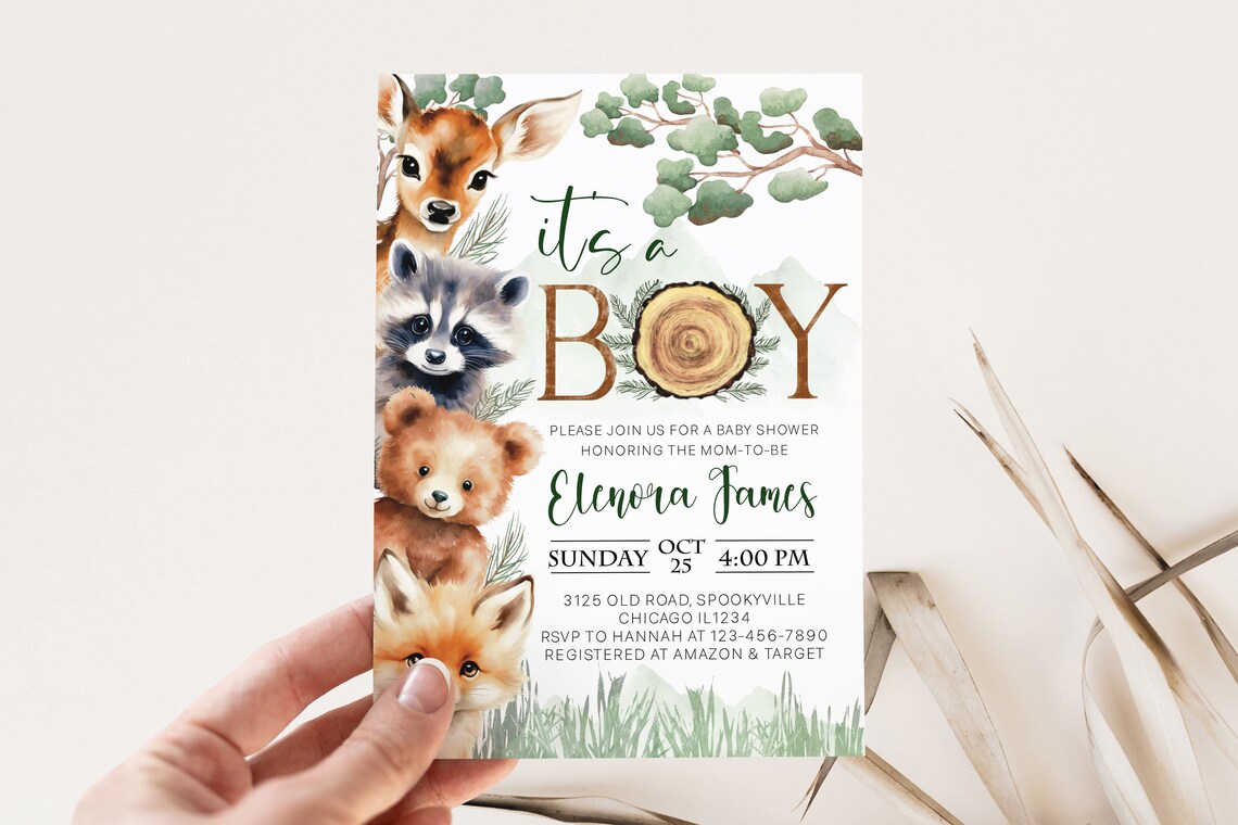 Editable Its A Boy Baby Shower Invitation, Woodland Animals Theme, It's ...