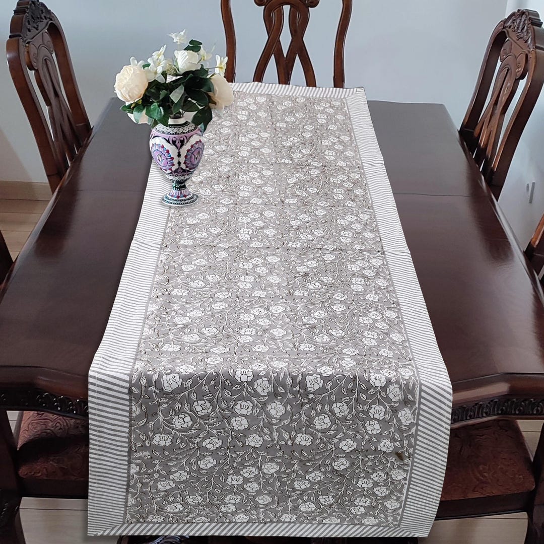 Block Printed Floral Table Runner, Indian Hand Block Table Cloth ...